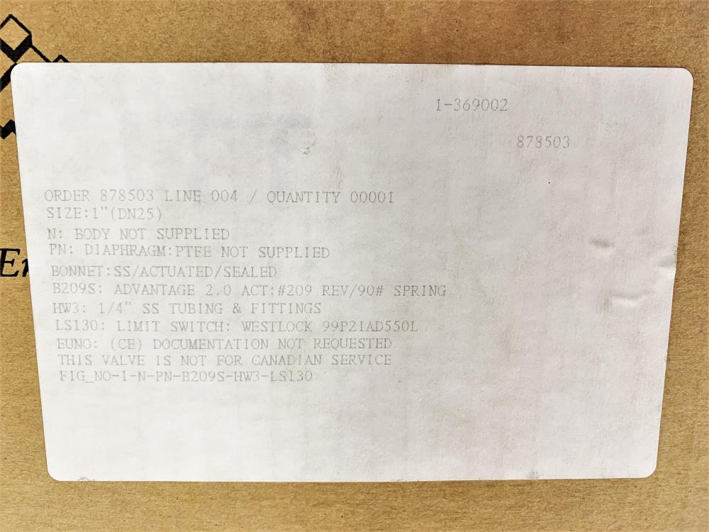 ITT 1" Stainless Steel Diaphragm B209 with Westlock Limit Switch ...