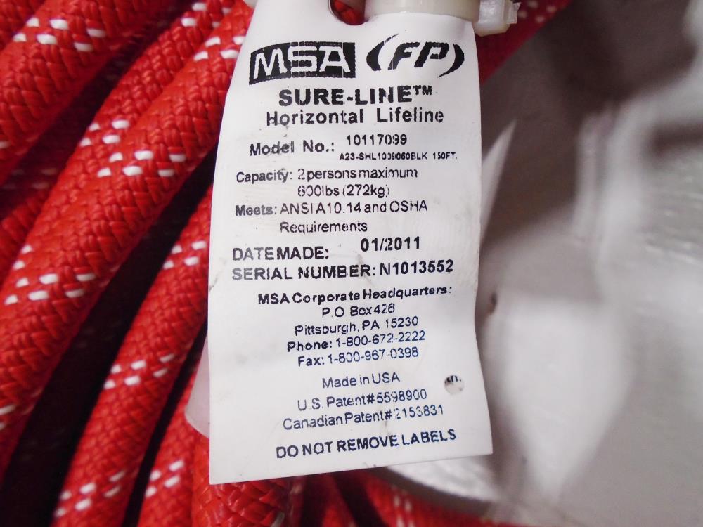 MSA Sure-Line Horizontal 150 Ft. Lifeline, 10117099, 2 Person/600 Lbs ...