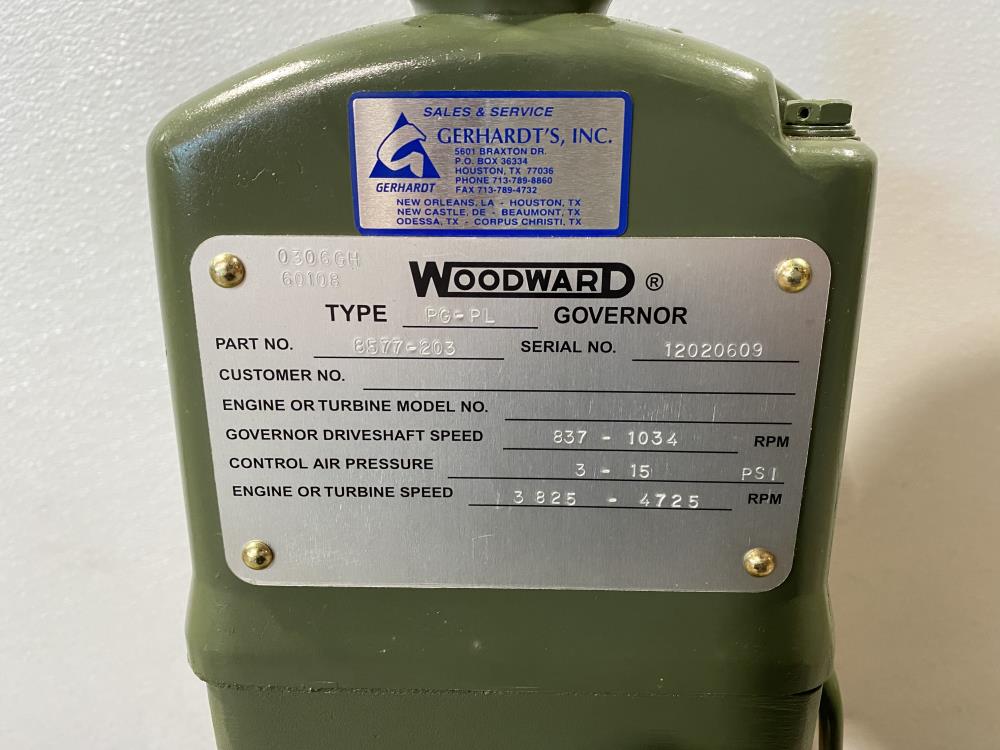 Woodward Type PG-PL Governor, 8577-203, 837-1034 Gov. RPM, 3825-4725 ...