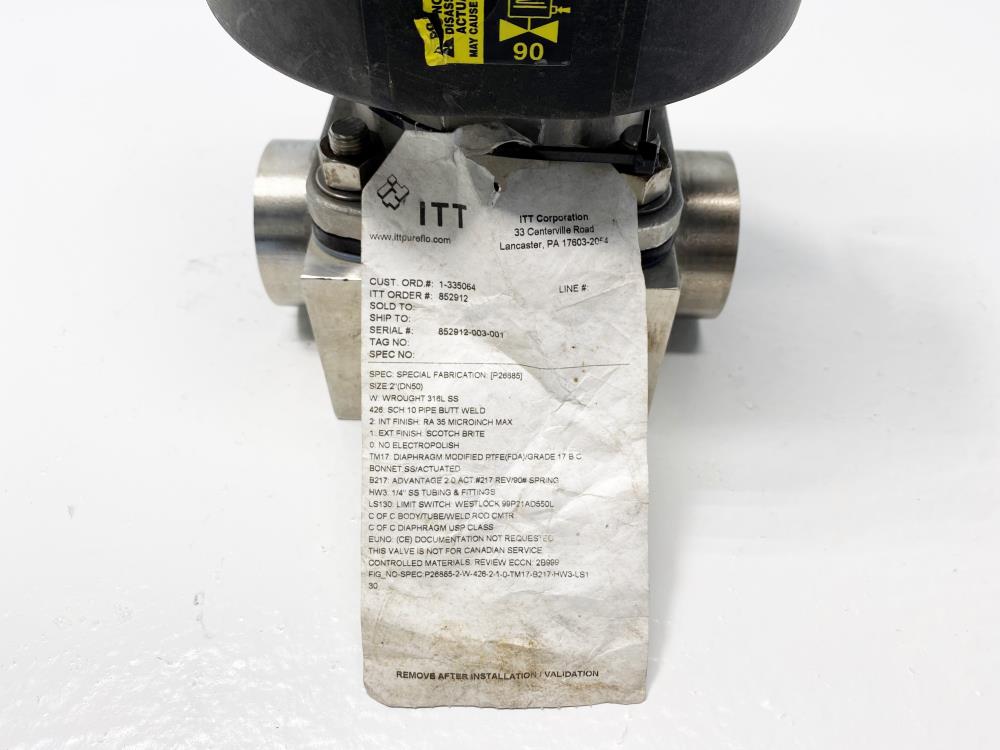 ITT Pure-Flo 2" Butt-Weld Stainless Sanitary Diaphragm Valve w/B217 ...