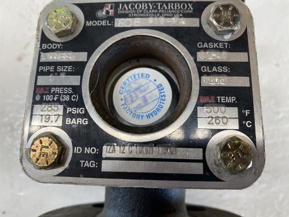 Jacoby Tarbox 1" Flanged WCB Sight Flow Indicator w/ Drip Tube 608-910-FA