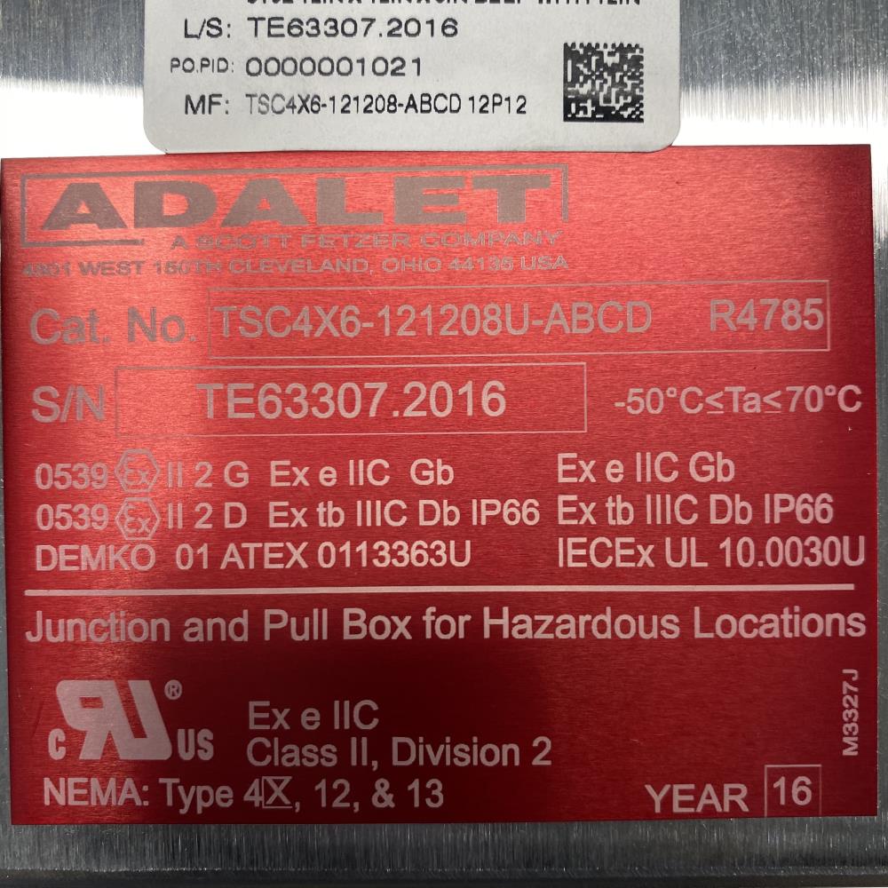 ADALET SS Junction & Pull Box Enclosure for Haz. Loc. TSC4X6-121208U ...