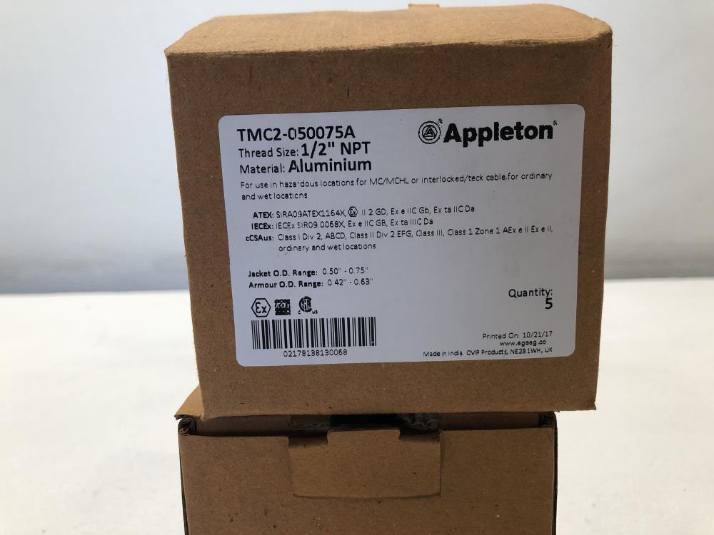 Lot of (2) Boxes Appleton 1/2" NPT Aluminum Cable Gland TMC2-050075A