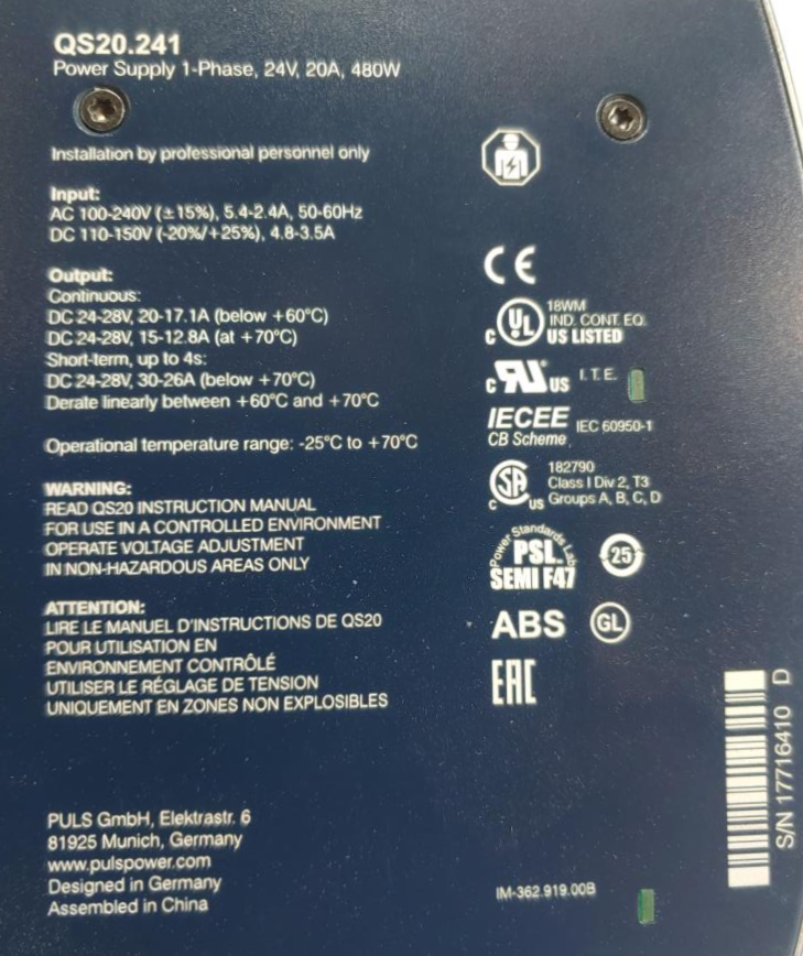 PULS Dimension Power Supply Model QS20-241