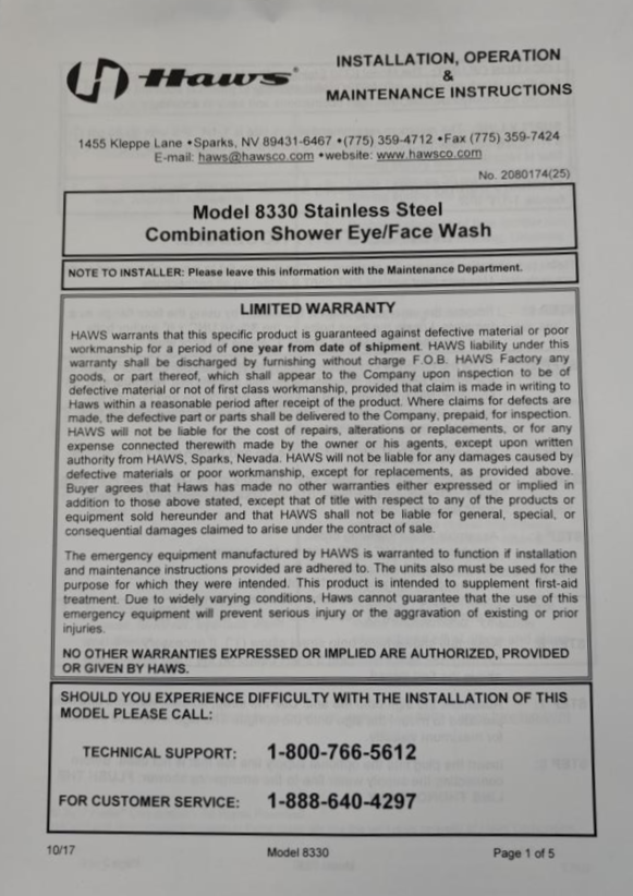 Haws Axion MSR Emergency Safety Shower and Eye Face Wash 8330