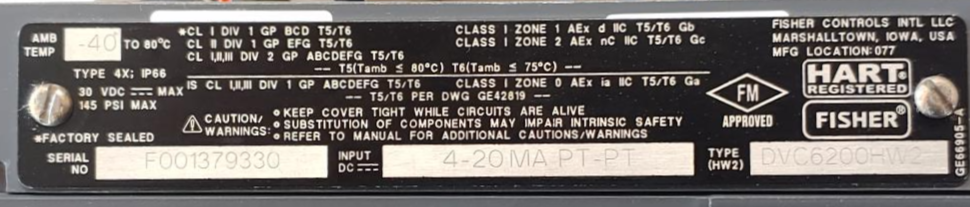 Fisher Fieldvue DVC6200 Digital Single Action Valve Positioner DVC6200HW2