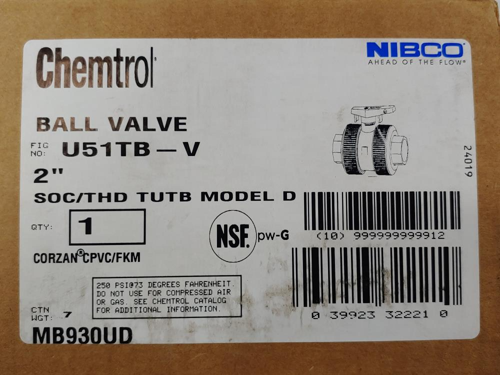 Chemtrol Nibco 2" Corzan CPVC/FKM Ball Valve SOC/THD TUTB Model D Fig# U51TB-V