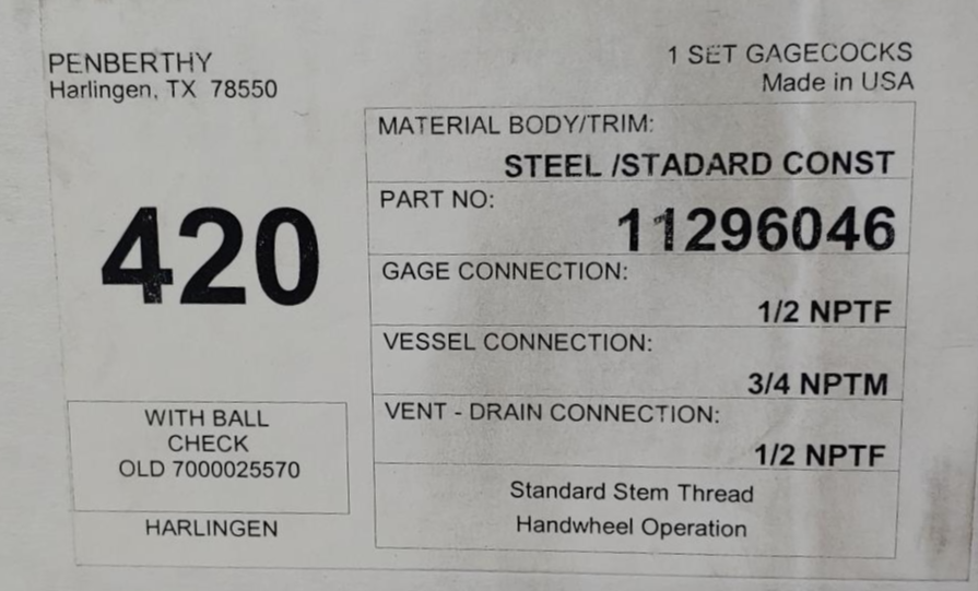 Pair Penberthy 420J Valves with Ball Check 1/2" x 3/4" x 1/2" Part#11296046