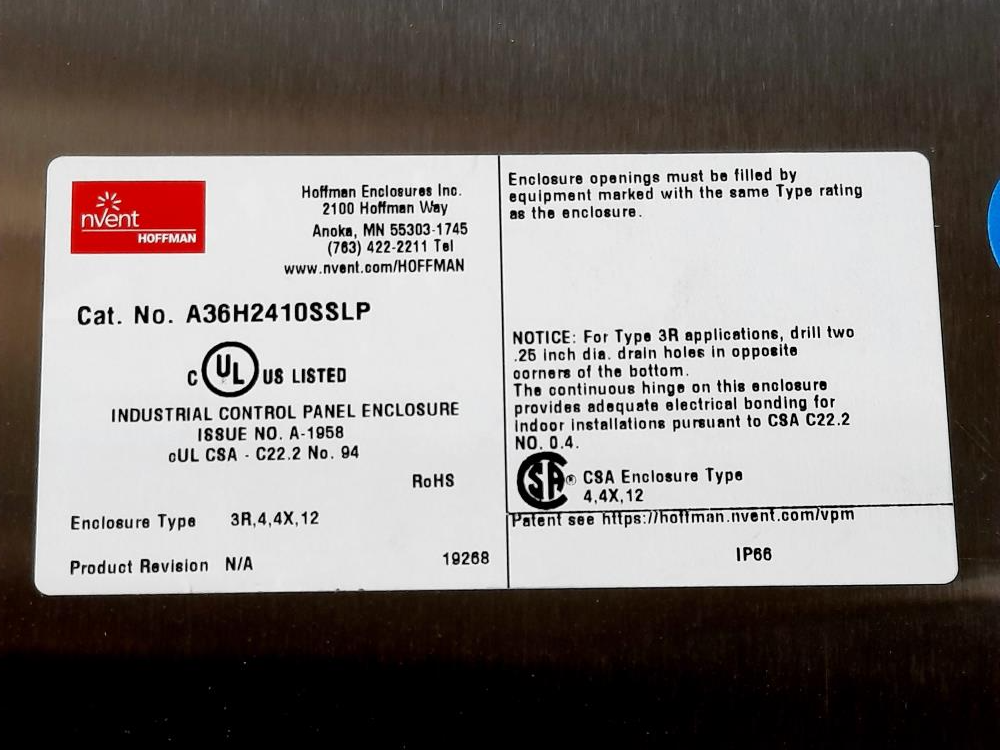 nVent Hoffman A36H2410SSLP SS, Enclosure, NEMA 4X, Continuous Hinge
