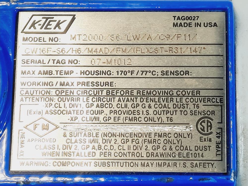 K-Tek Guided Wave Radar Level Transmitter MT2000/S6/LW-A/C9/O11