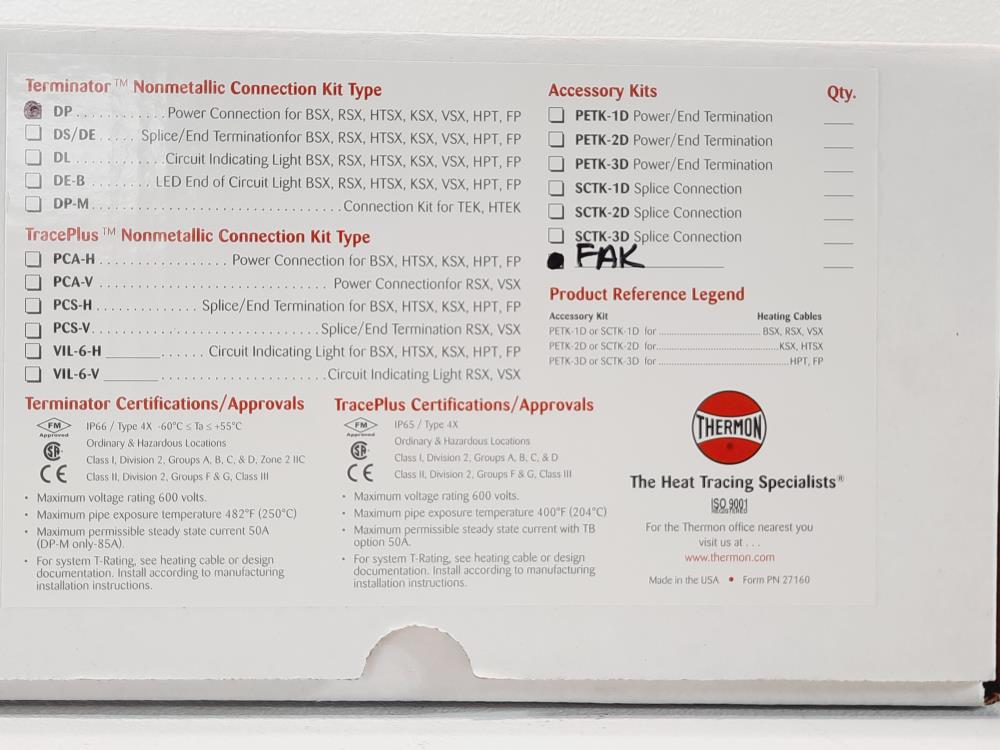 Thermon Terminator Dp Non-Metallic Connection Kit Type Dp-Fak and FAK-4L