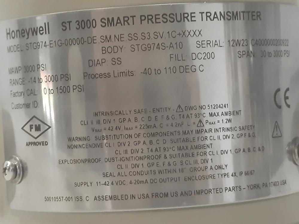 Honeywell ST 3000 Smart Pressure Transmitter STG974-E1G-00000-DE SM NE SS ,S3,SV