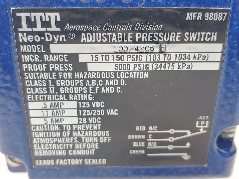 ITT Neo-Dyn Adjustable Pressure Switch Model#: 100P42C6