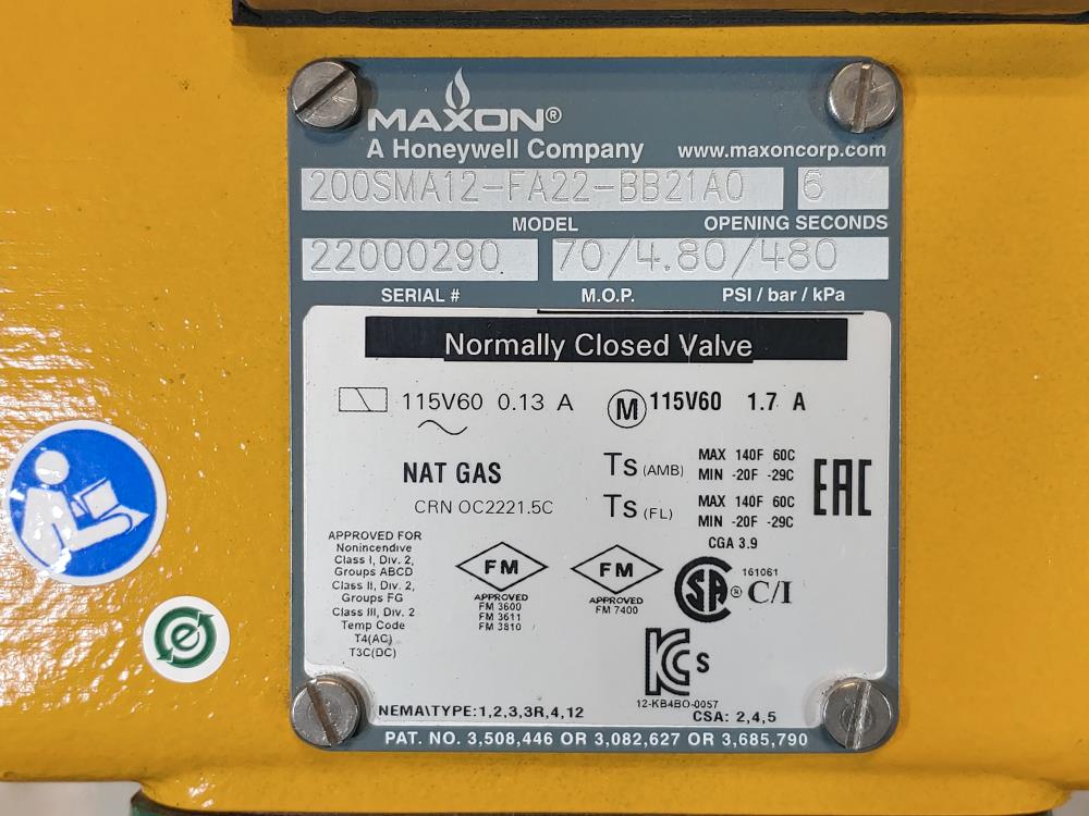 Maxon 2" 150# Electromechanical Shut-Off Valve 200SMA12-FA22-BB21A0-6