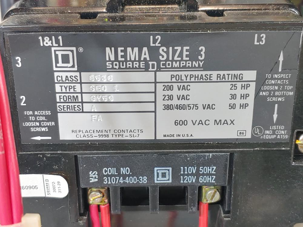 Square D Motor Control Center w/Nema Size 3 Starter
