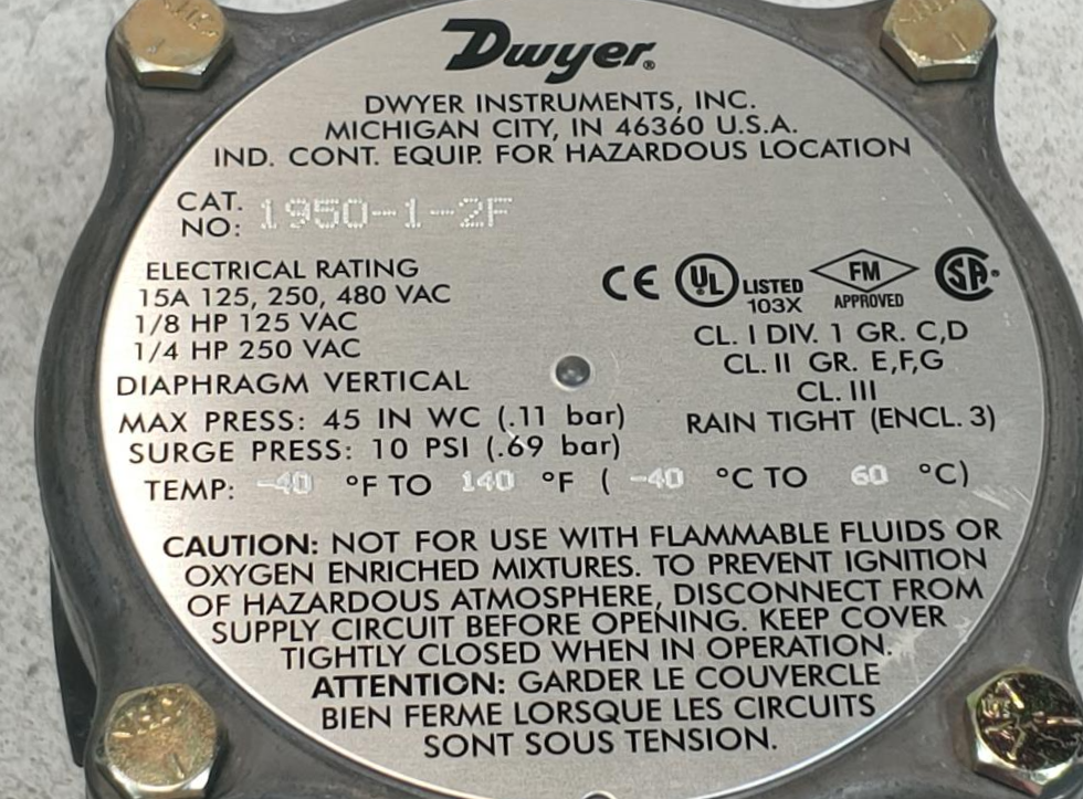 Dwyers Differential Pressure Switch 1950-1-2F