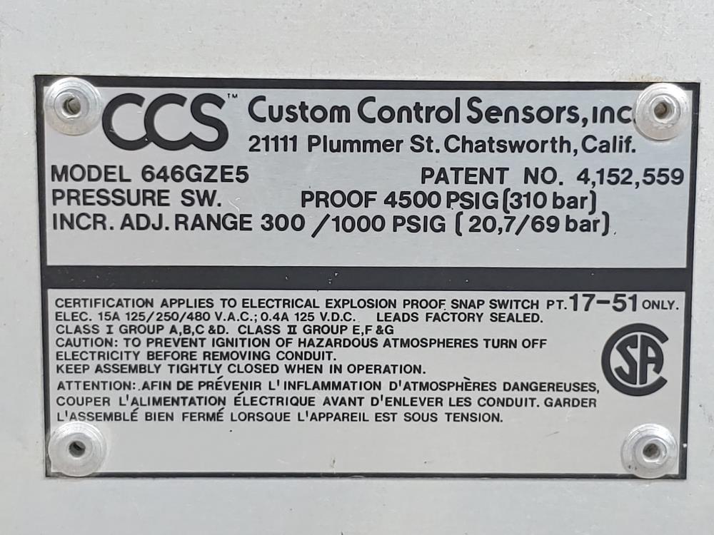 Custom Control Sensors CCS Model#: 646GZE5 Pressure Switch