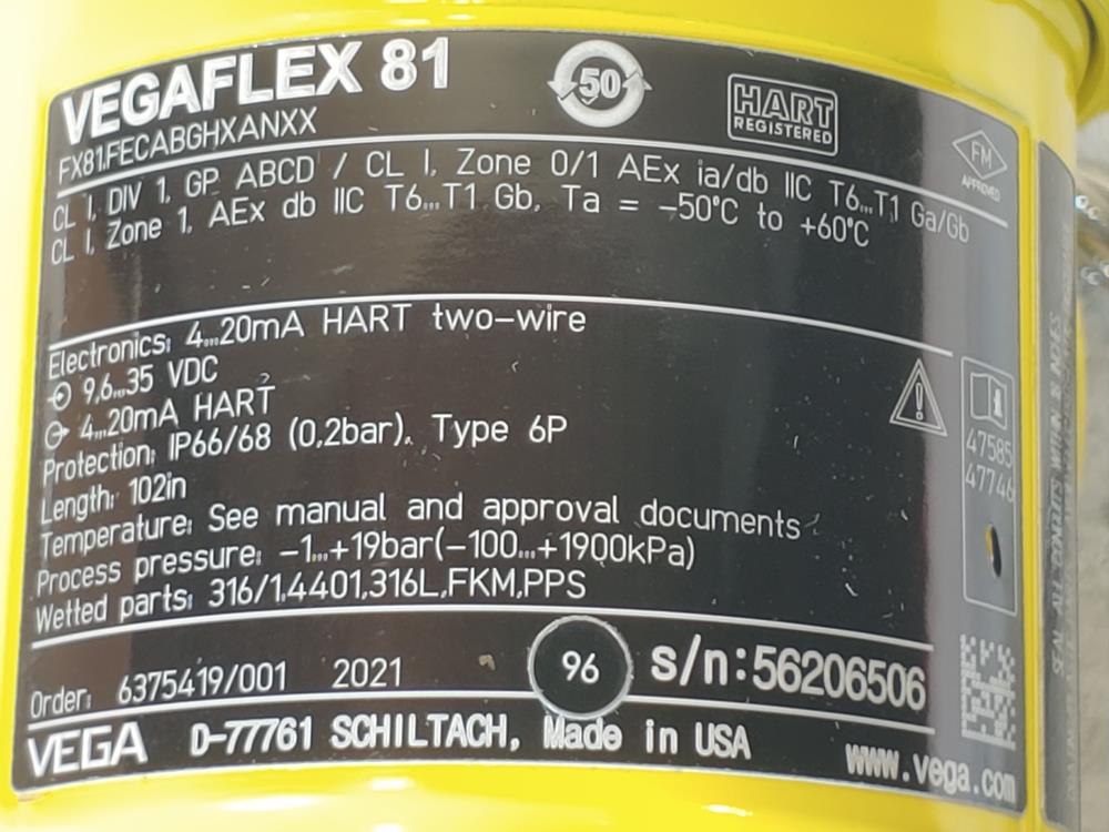 Vega Vegaflex 81 Level Sensor FX81FECABGHXANXX w/ 2" 150# SS Flange