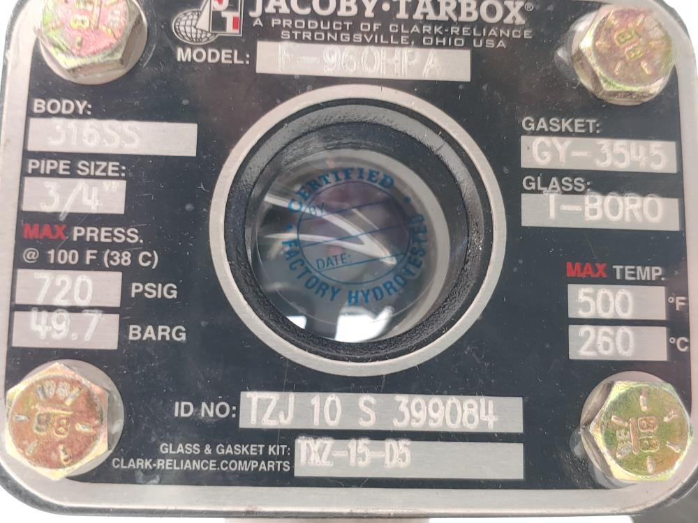 Jacoby Tarbox 3/4" 300# CF8M Flanged Sight Flow Indicator w/Rotor F-960HPA