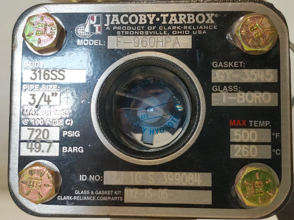 Jacoby Tarbox 3/4" 300# CF8M Flanged Sight Flow Indicator w/Rotor F-960HPA