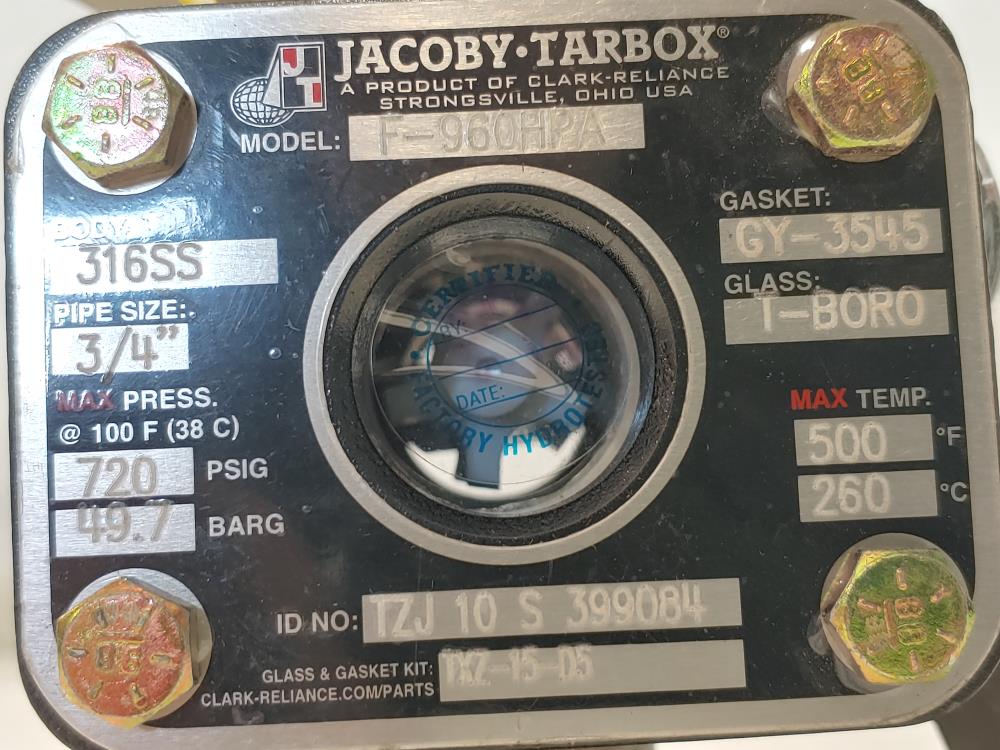 Jacoby Tarbox 3/4" 300# CF8M Flanged Sight Flow Indicator w/Rotor F-960HPA