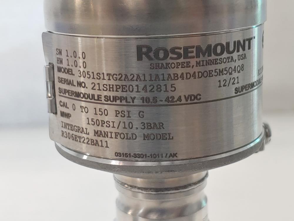 Rosemount 3051S1TG Pressure Transmitter w/ Manifold R306ET22BA11