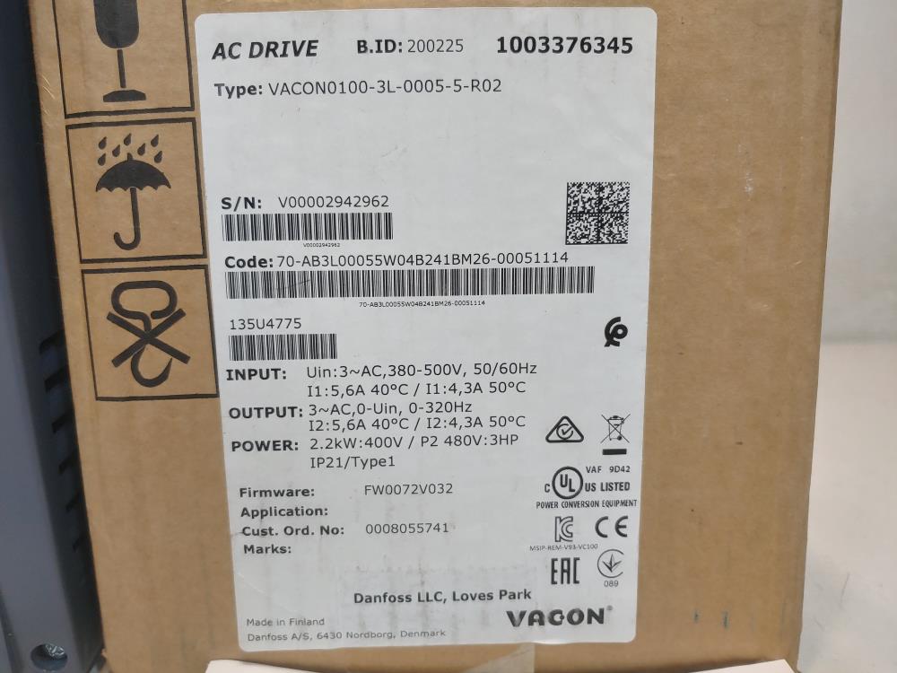 Danfoss Vacon 100 Series AC Drive VACON0100-3L-0005-5-R02