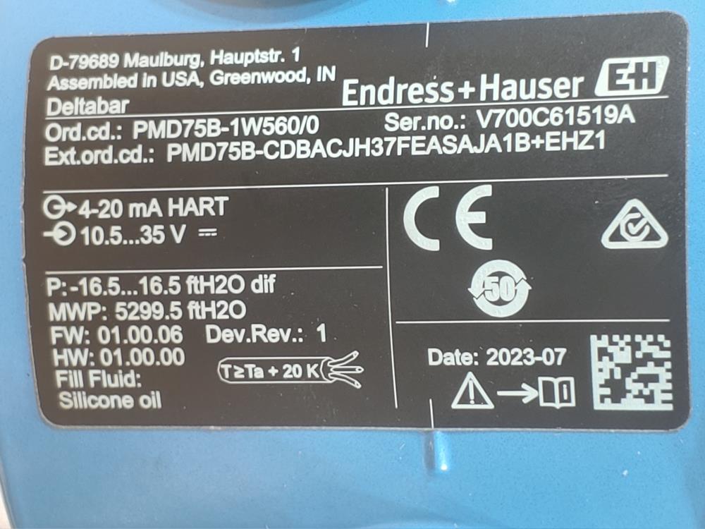 Endress Hauser Deltabar S Differential pressure Transmitter PMD75B-1W560/0