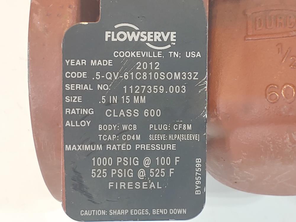 Flowserve Durco 1/2" 600# Flanged Plug Valve Code: .5-QV-61C810SOM33Z