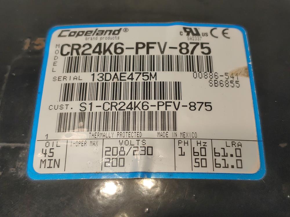 Copeland CR24K6-PFV-875 Hermetic Compressor with Repair Kit 568-2010-00