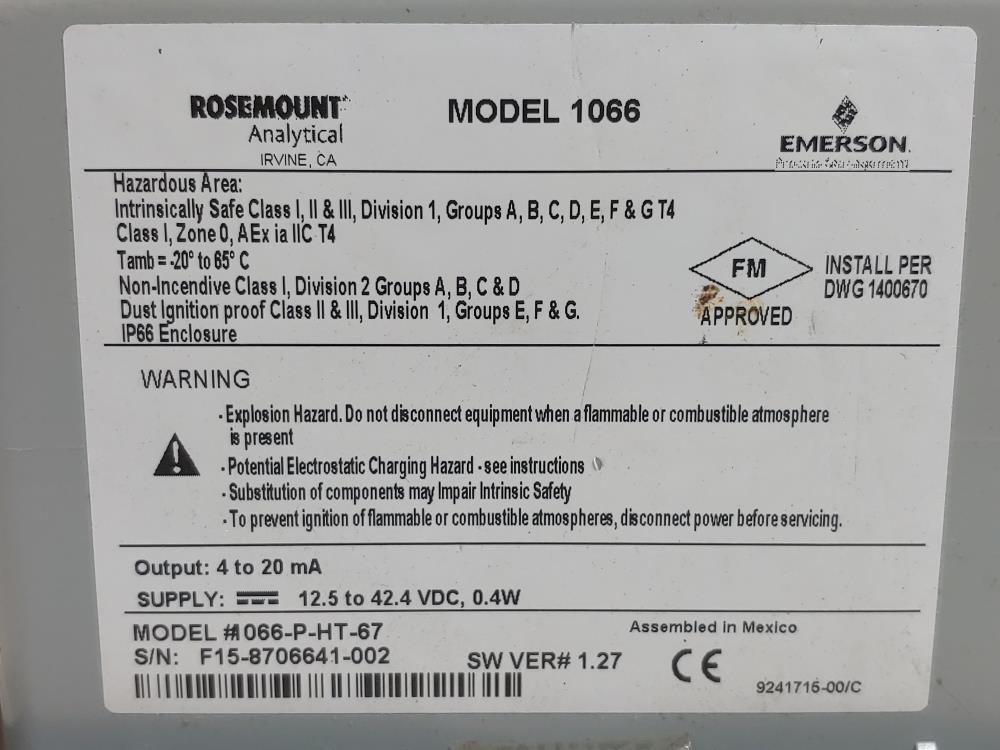 Rosemount 1066 Single Channel Transmitter Model#: 1066-P-HT-67