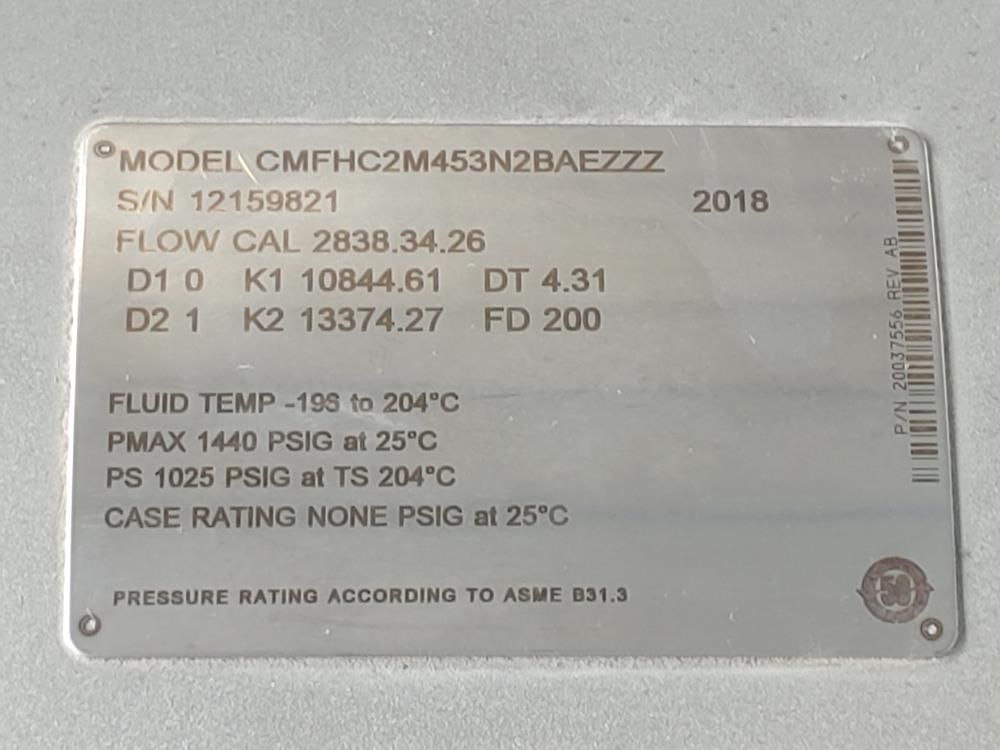 Micro Motion CMFHC2M453N2BAEZZZ 6" 600# Mass Flow Sensor Series 800