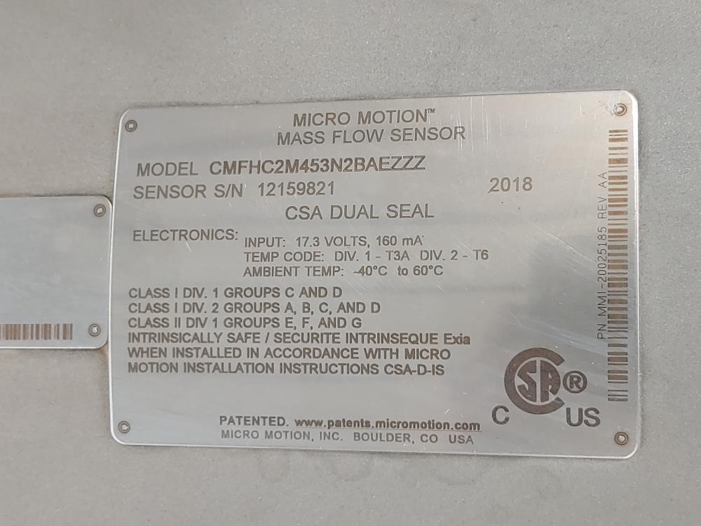 Micro Motion CMFHC2M453N2BAEZZZ 6" 600# Mass Flow Sensor Series 800