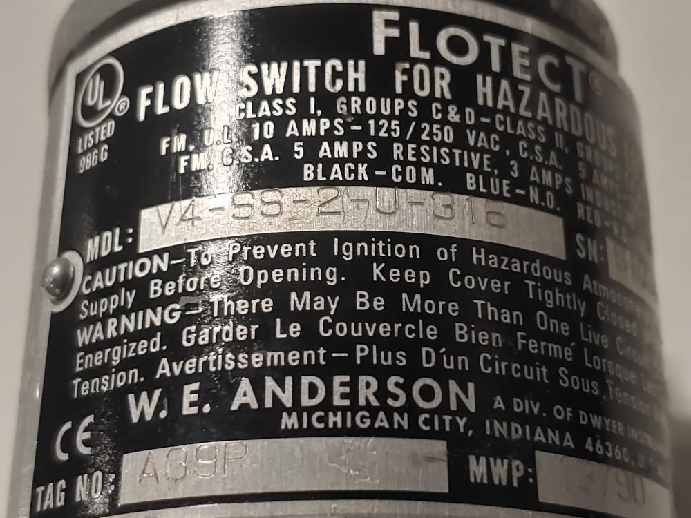 W. E. Anderson Flotect 3/4" EX. Proof Vane Operated Flow Switch V4-SS-2 ...