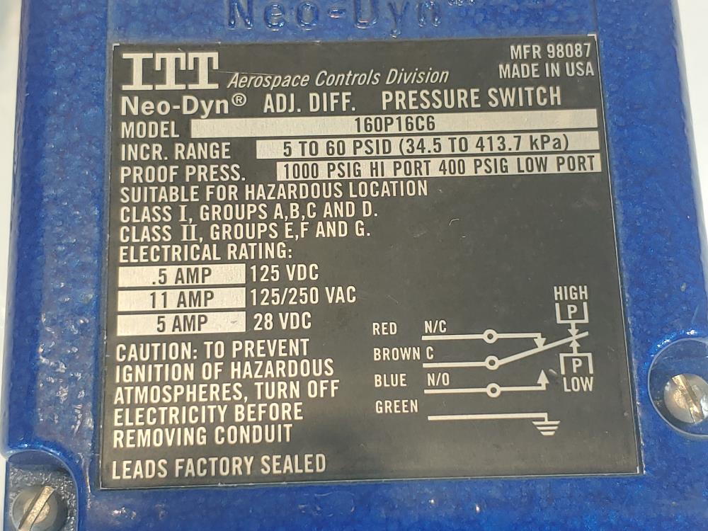 ITT Neo-Dyn 160P Series Adjustable Differential Pressure Switch Model ...