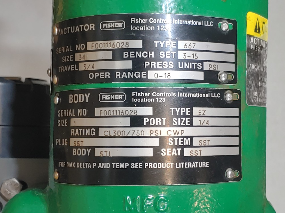 Fisher EZ 1" 300# Actuated Control Valve Type 667 w/846 Fisher Press ...