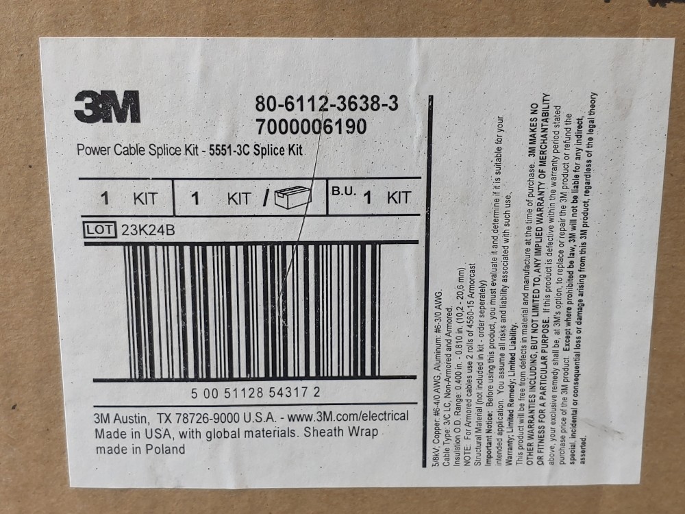 3M Cold Shrink Power Cable Splice Kit 5551-3C-AC - P/N: 7000006190