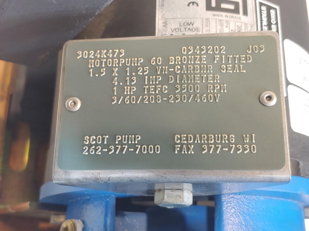 Scot 05293 Centrifugal Pump W/ WEG 1.0 (0.75) RPM 3450 Motor