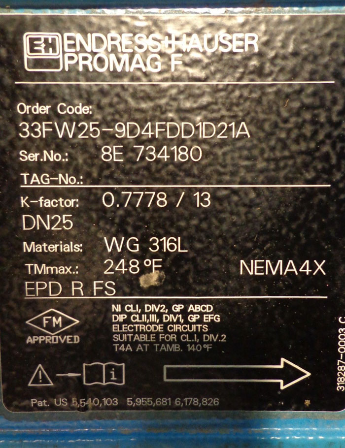 ENDRESS & HAUSER PROMAG F 33FW25-9D4FDD1D21A (K-FACTOR: 0.7778)