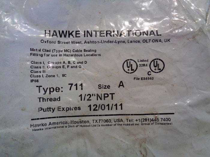 LOT OF (4) HAWKE CABLE GLANDS, 1/2" NPT, TYPE 711, SIZE "A"