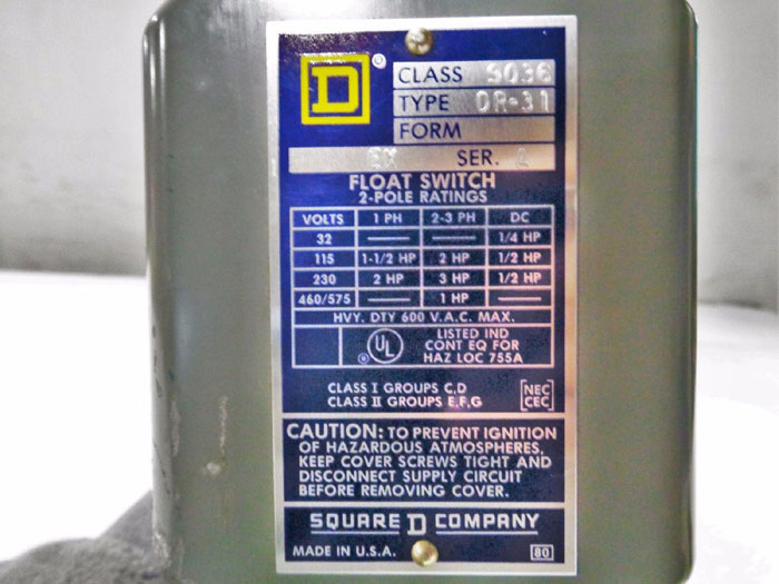 SQUARE D FLOAT SWITCH DR-31 WITH 9" STAINLESS STEEL BALL FLOAT