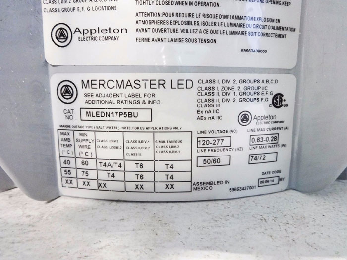 APPLETON MERCMASTER LED FIXTURE TYPE V MLEDN17P5BU W/ WALL MOUNT HOOD ...