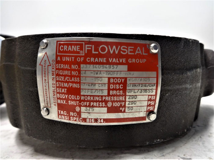 CRANE FLOWSEAL 4" 150# BUTTERFLY VALVE 04-1WA-19DFFF-HNJ