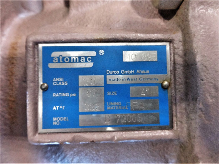 Atomac 4" 150# PFA Lined Ball Valve, Model #B 72003