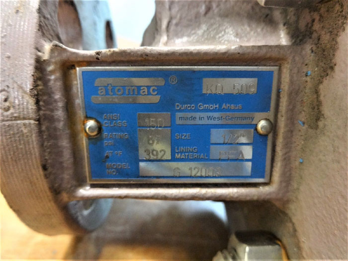 Atomac 1/2" 150# PFA Lined Ball Valve, Model #G 12003