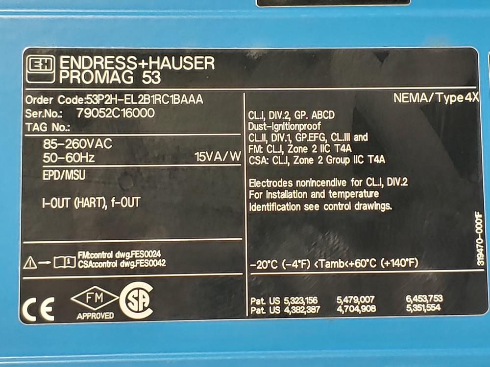 ENDRESS & HAUSER PROMAG 53 TRANSMITTER Order Code#: 53P2H-EL2B1RC1BAAA