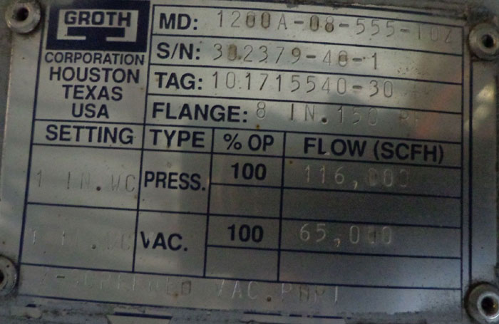 GROTH VACUUM PRESSURE RELIEF VALVE 8" - 1200A-08-555-T0Z