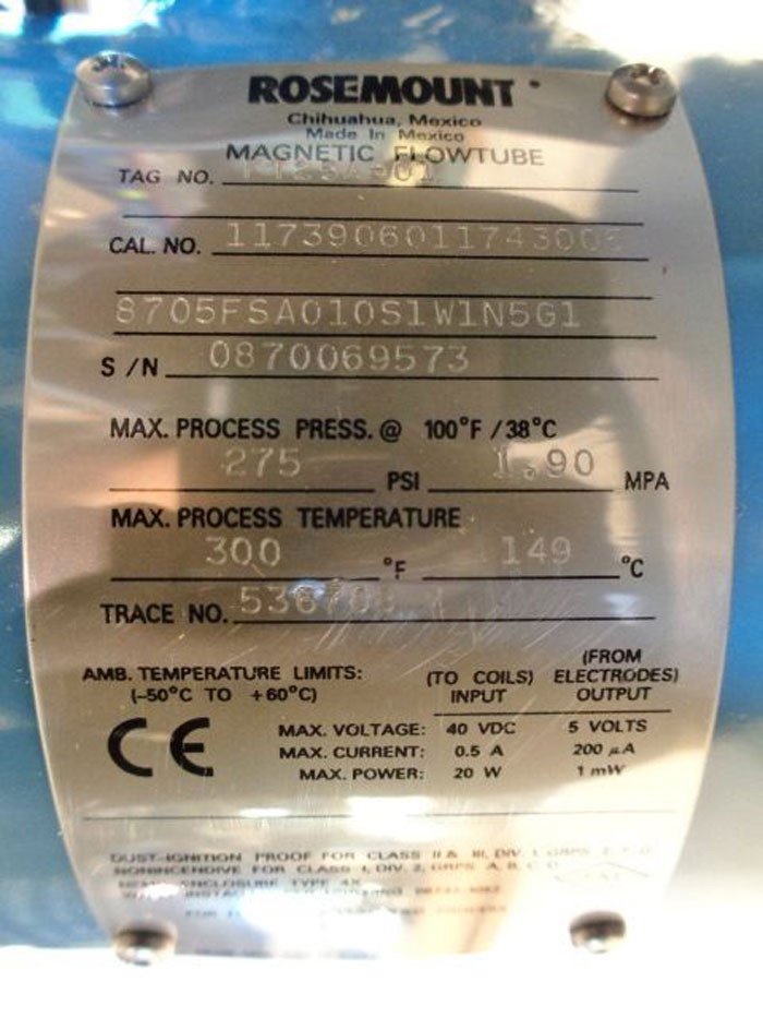 ROSEMOUNT MAGNETIC FLOW TUBE 8705FSA010S1W1N5G1