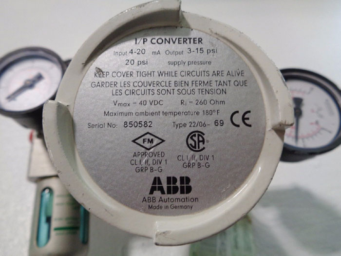ABB IP CONVERTER FILTER & REGULATOR ASSEMBLY, #5229900 500, TYPE: 22/06-69