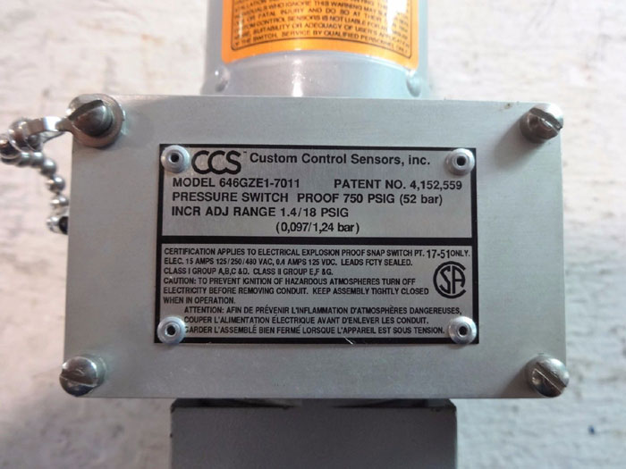 CUSTOM CONTROL SENSORS PRESSURE SWITCH 646GZE1-7011